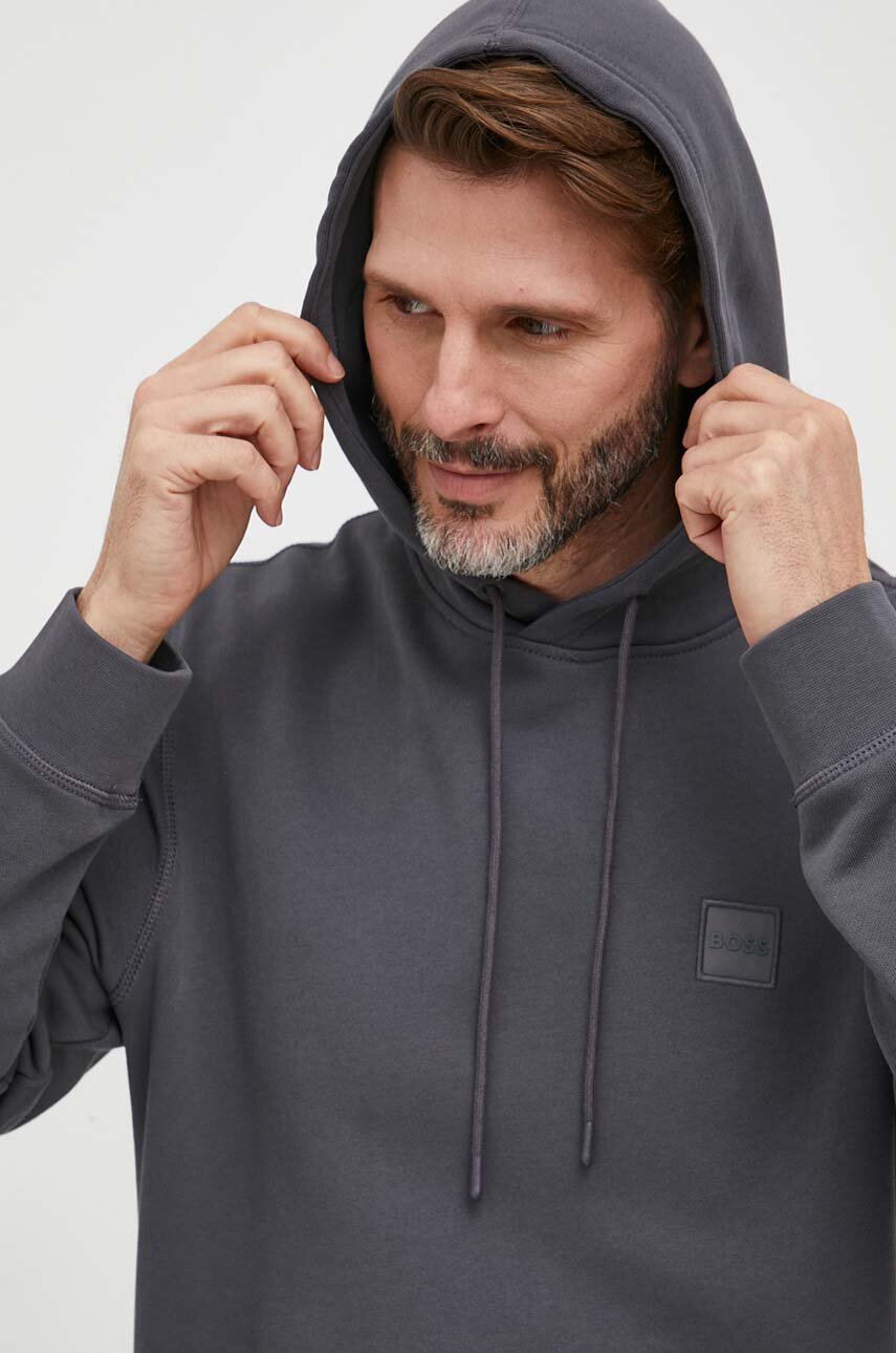 BOSS bluza bawełniana BOSS ORANGE męska kolor szary z kapturem gładka ...