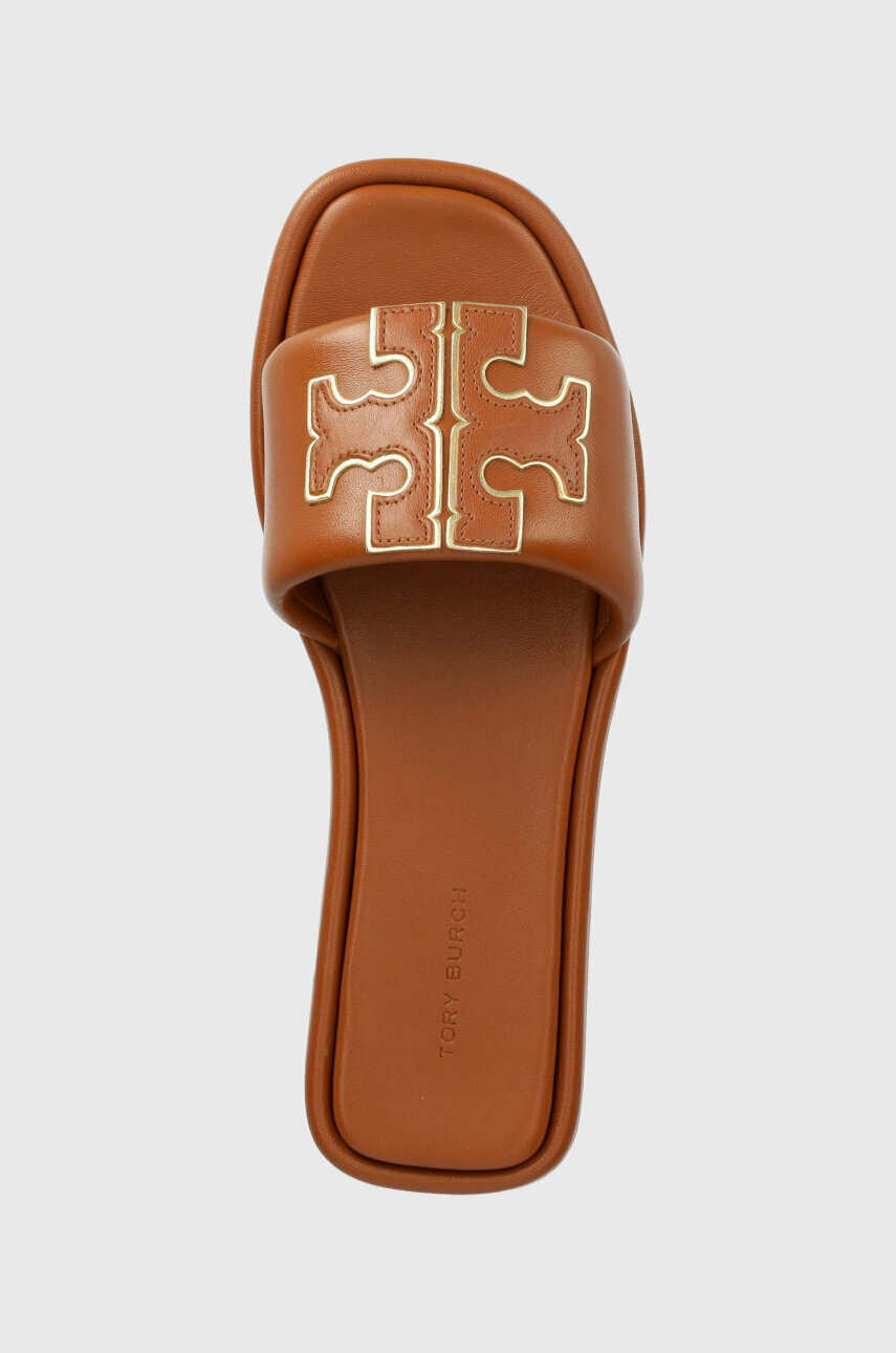 Tory Burch slapi de piele Double T Sport Slide femei, culoarea maro ...