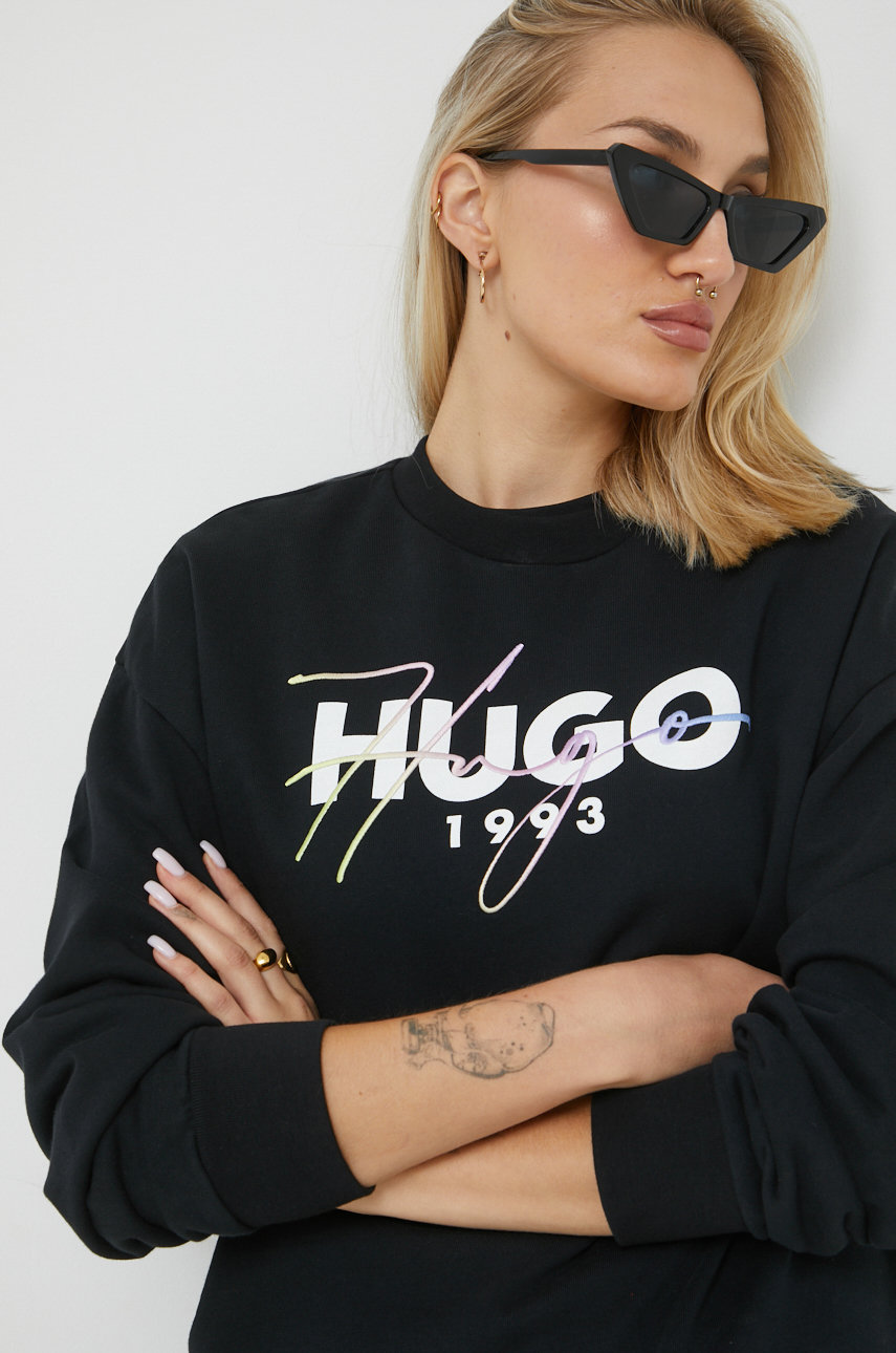 HUGO bluza bawełniana damska kolor czarny z aplikacją | Answear.com