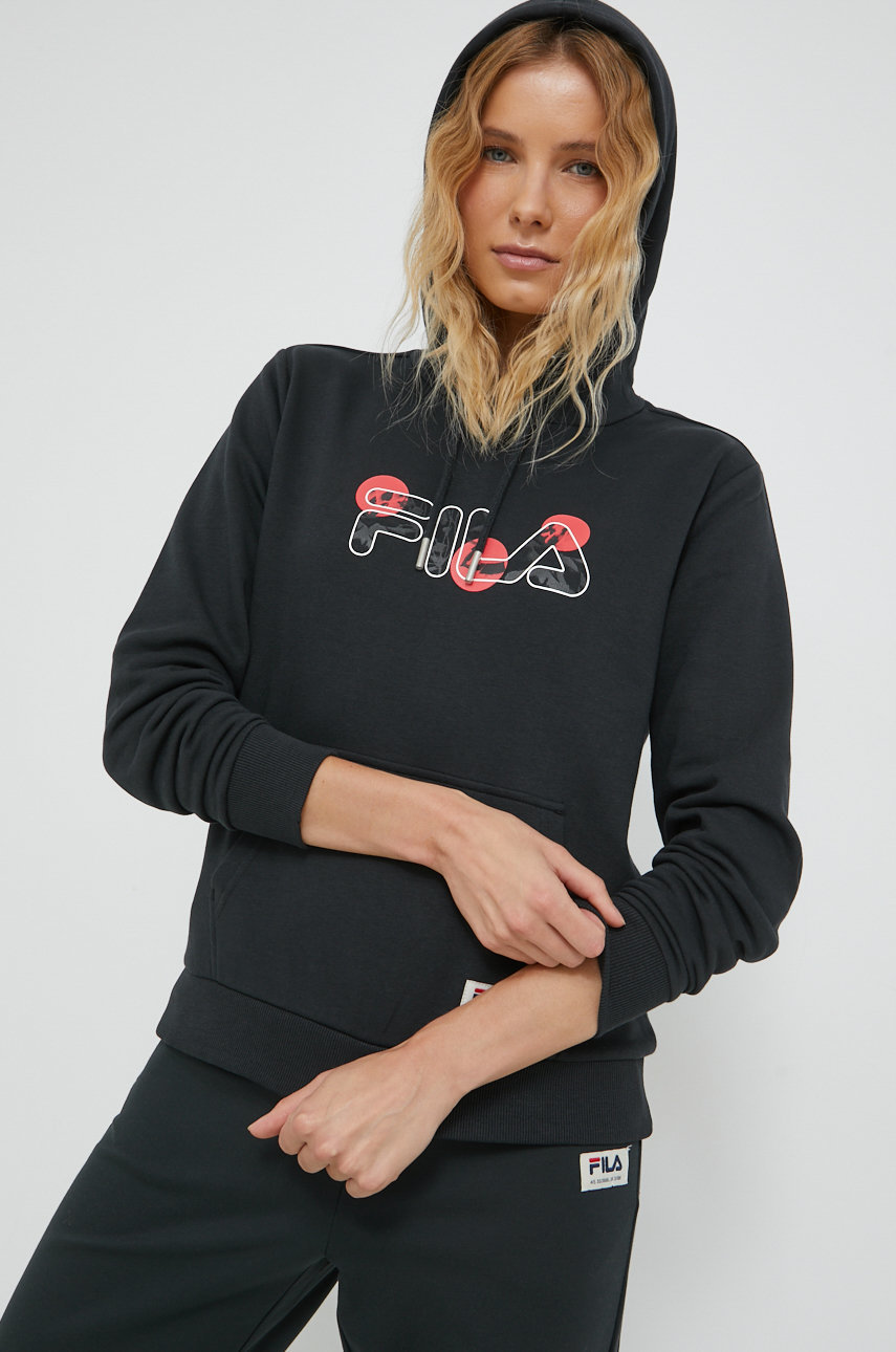 Fila bluza damska kolor czarny z kapturem z nadrukiem | Answear.com