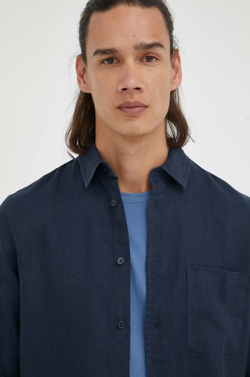 Samsoe Samsoe linen shirt men's navy blue color at PRM US