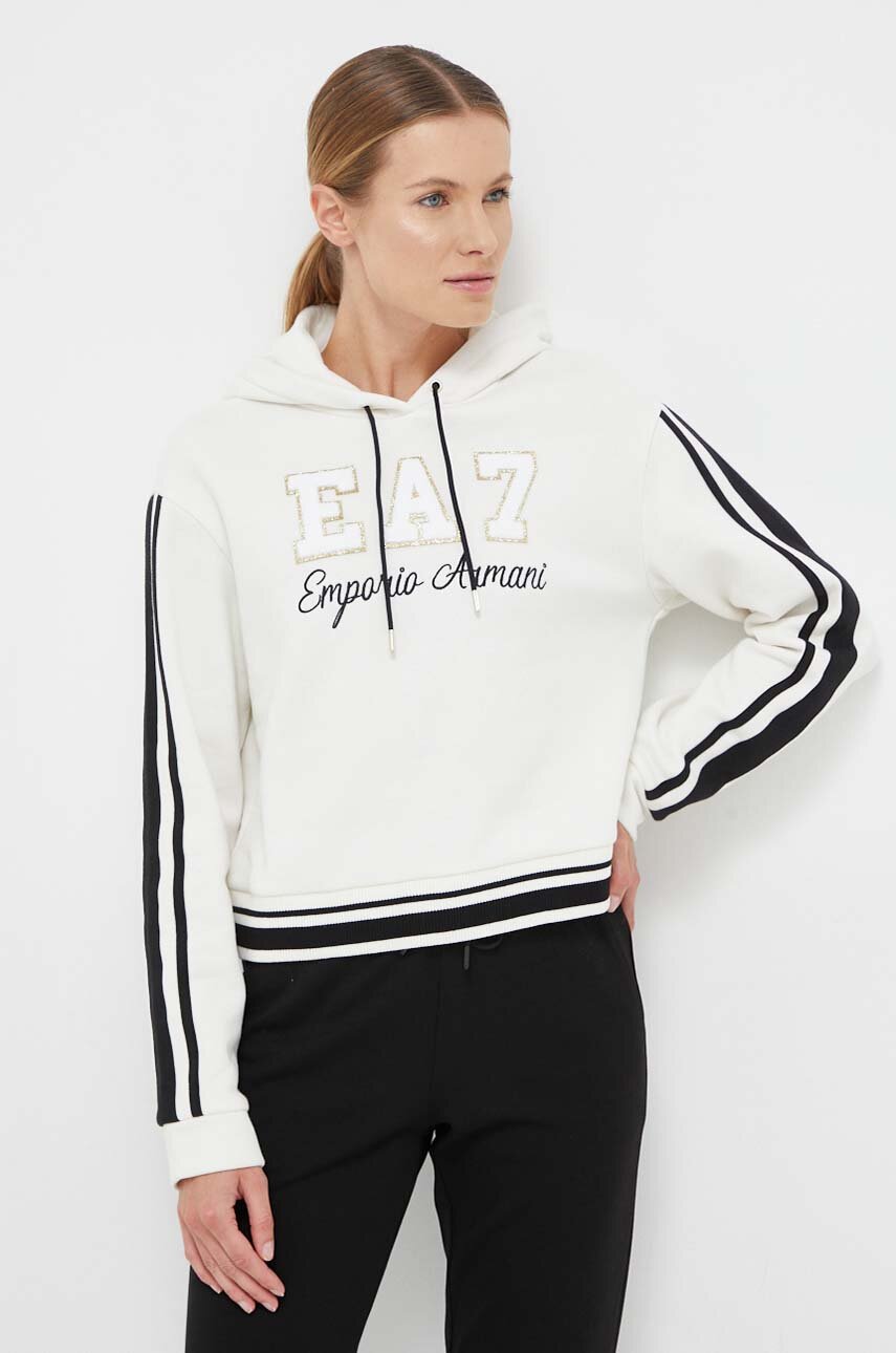 Mikina EA7 Emporio Armani dámska, béžová farba, s kapucňou, s nášivkou | ANSWEAR.sk