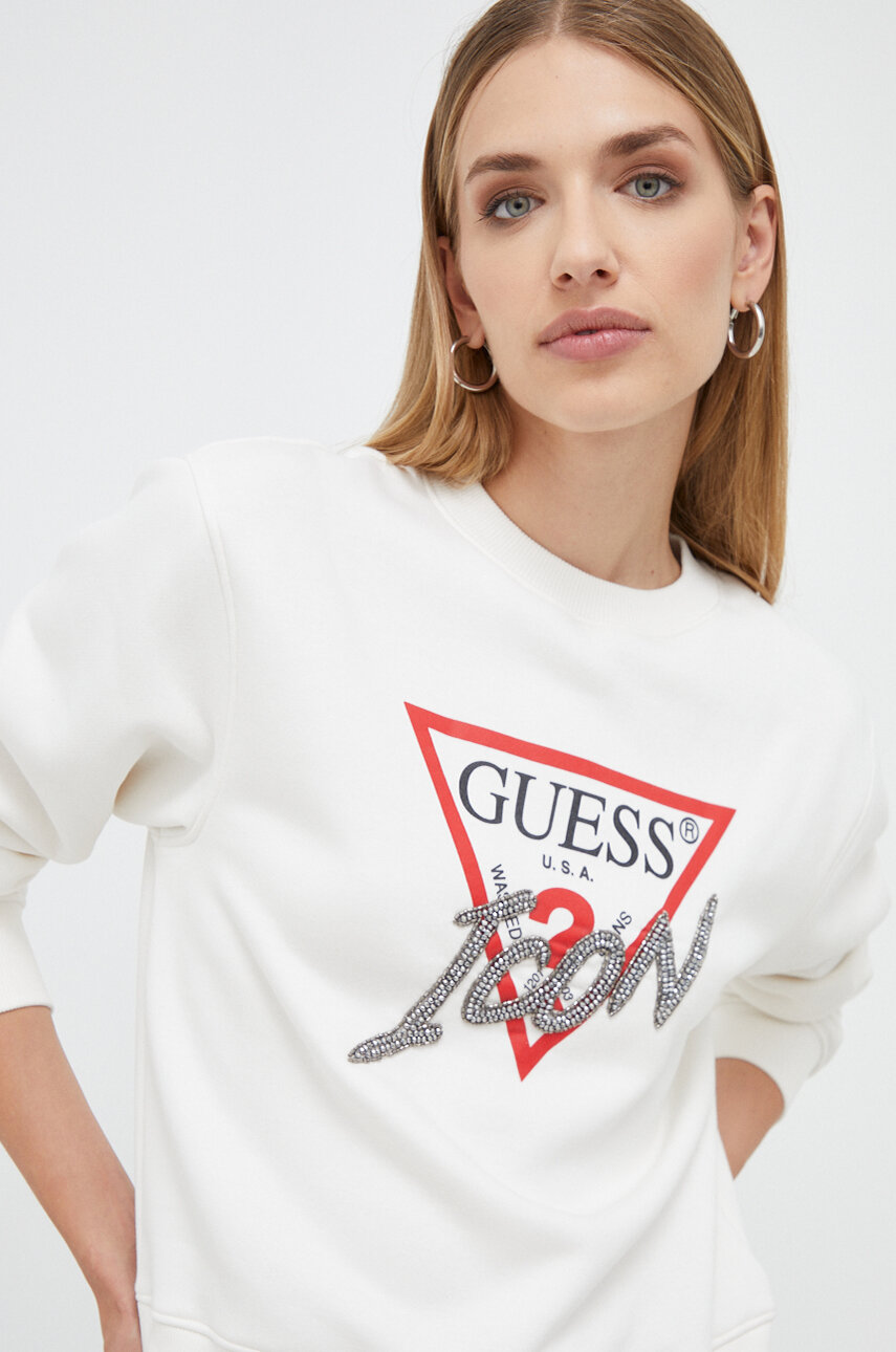 Guess bluza damska kolor beżowy z aplikacją | Answear.com