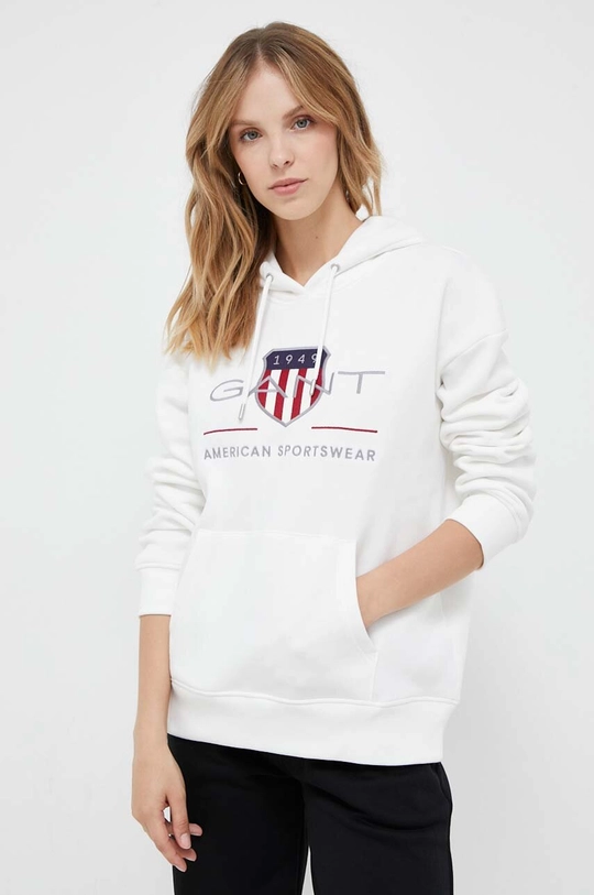 Mikina Gant dámska, biela farba, s kapucňou, s nášivkou | ANSWEAR.sk