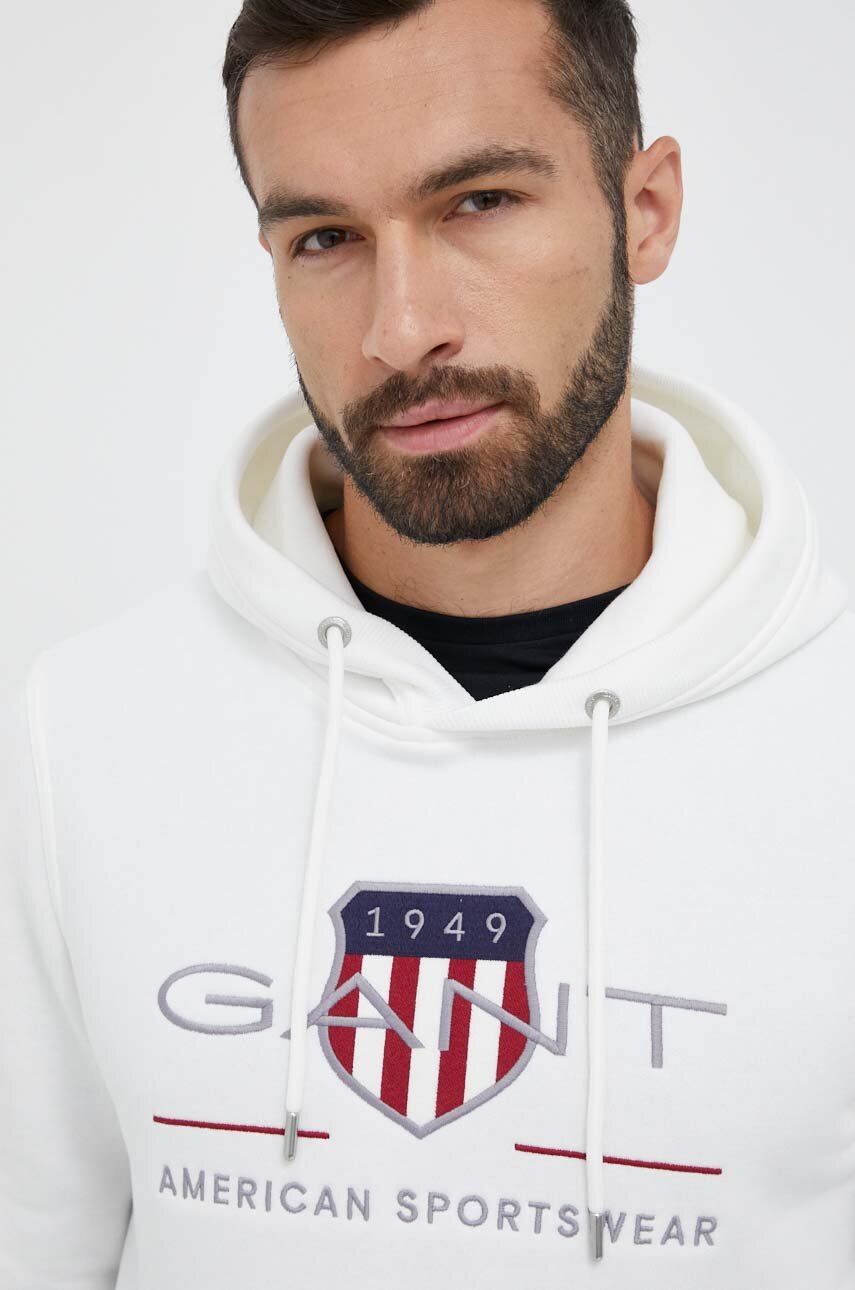 Mikina Gant pánska, biela farba, s kapucňou, s nášivkou | ANSWEAR.sk