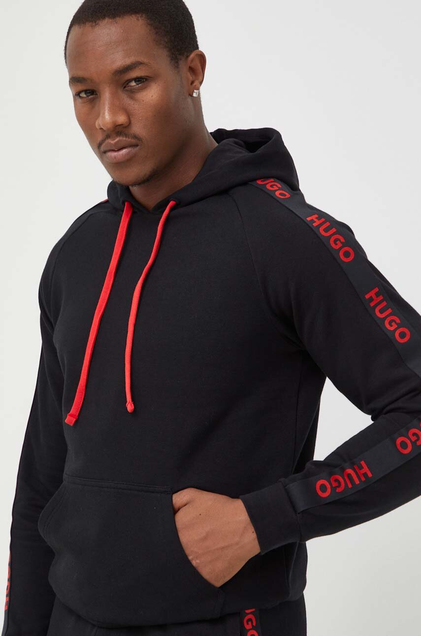 HUGO bluza bawełniana lounge kolor czarny z kapturem z aplikacją ...