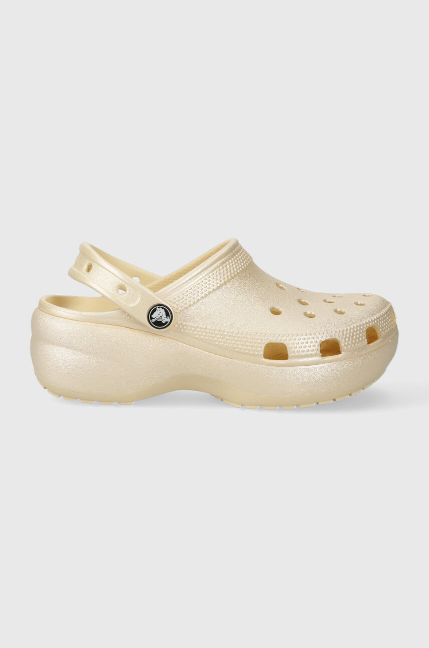 Crocs papuci CLASSIC PLATFORM SHIMMER CLOG femei, culoarea bej, cu ...