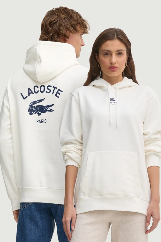 Lacoste bluza bawełniana kolor biały z kapturem z nadrukiem SH2740 | Answear.com