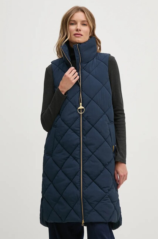 Prsluk Barbour Leverton Puffer Gilet za žene, boja: tamno plava, za zimu, LGI0171 | ANSWEAR.hr