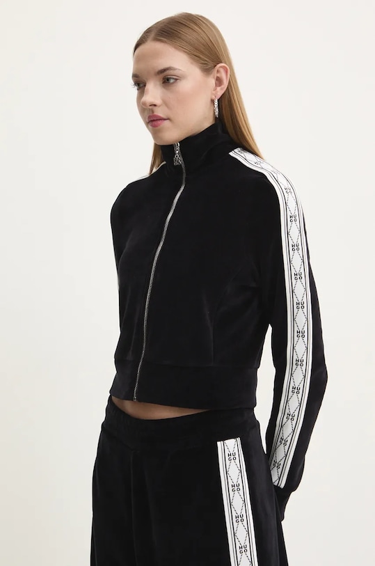 Dukserica od velura HUGO boja: crna, s aplikacijom, 50522805 | ANSWEAR.hr