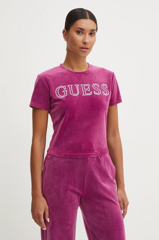 Βελούδινο μπλουζάκι Guess COUTURE χρώμα: μοβ, V4BI29 KBXI2 | ANSWEAR.gr