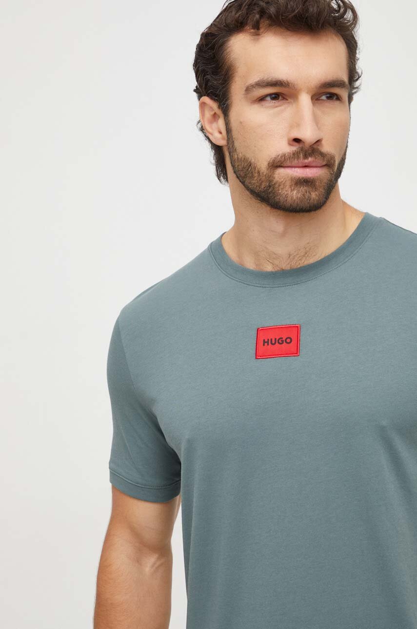 HUGO t-shirt bawełniany kolor zielony z aplikacją 50447978 | Answear.com