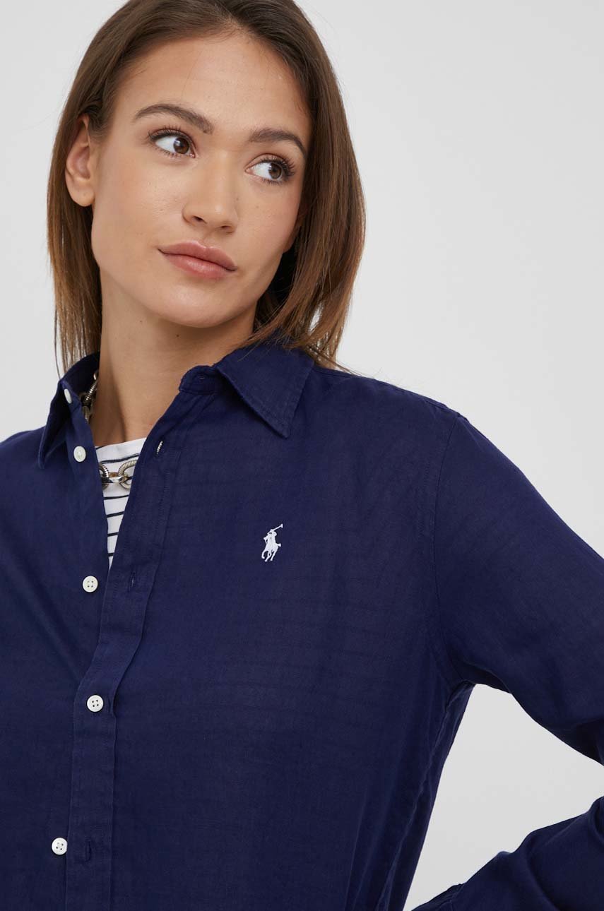 Polo Ralph Lauren len ing női, galléros, sötétkék, relaxed | ANSWEAR.hu