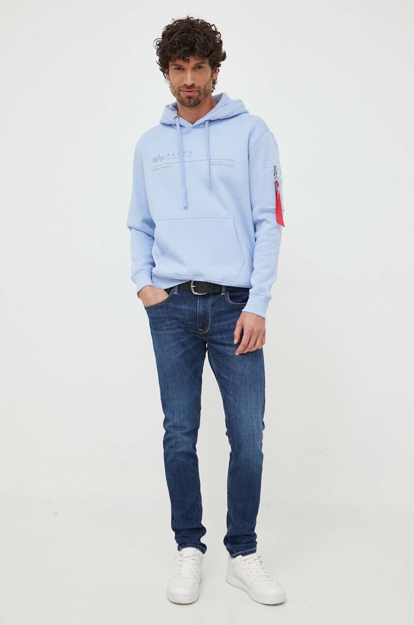 Alpha Industries bluza męska kolor niebieski z kapturem z nadrukiem ...