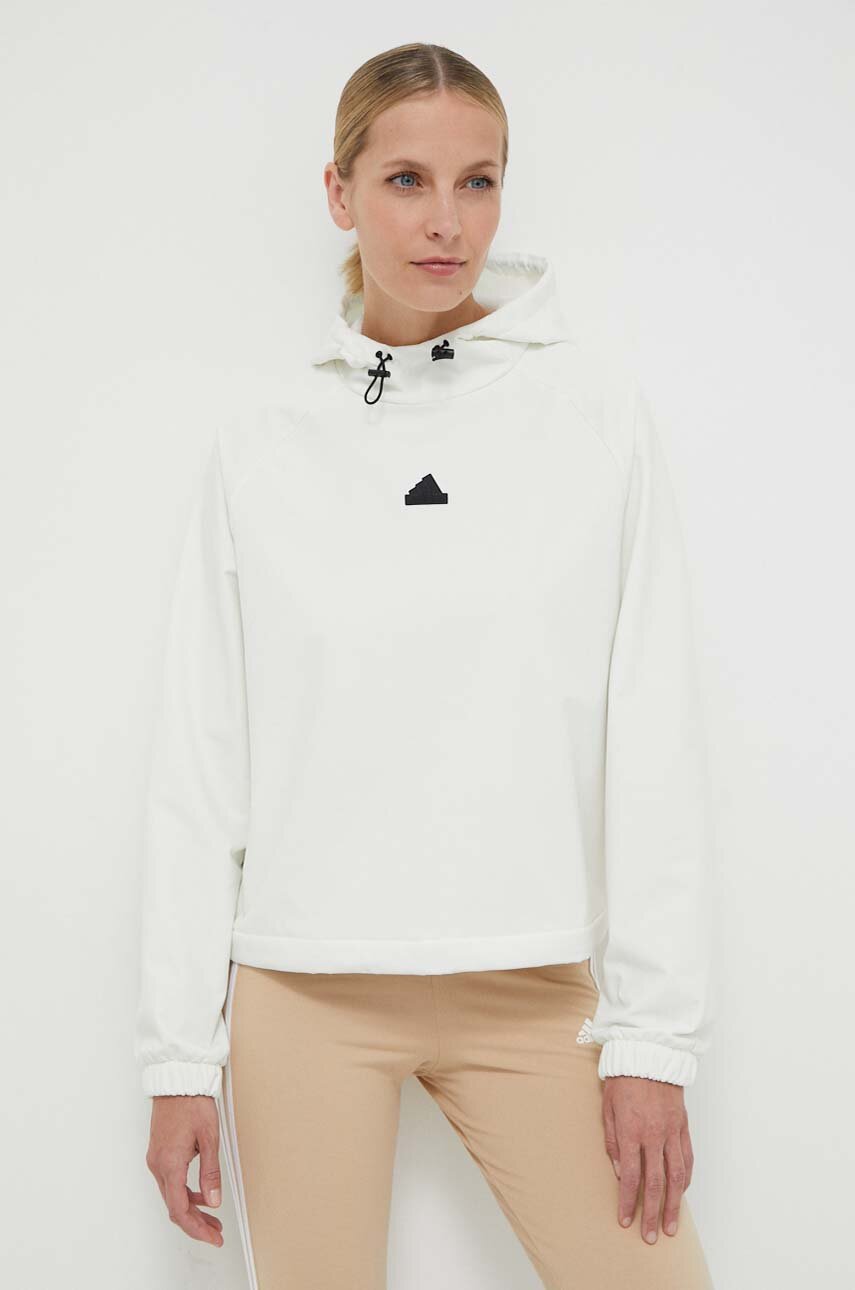 adidas bluza damska kolor beżowy z kapturem z aplikacją IS3012 ...