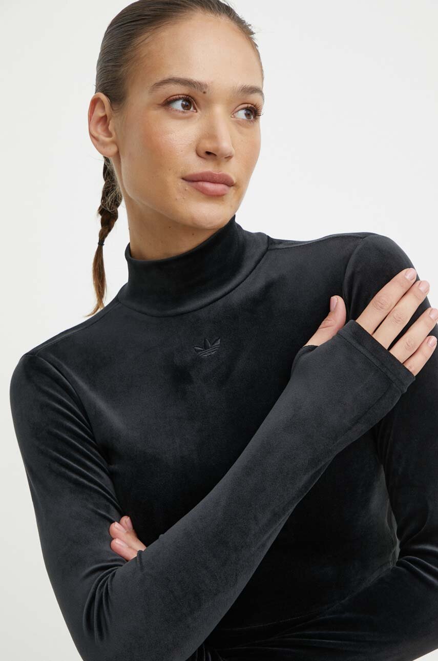 adidas Originals longsleeve welurowy kolor czarny z półgolfem IT9660 ...