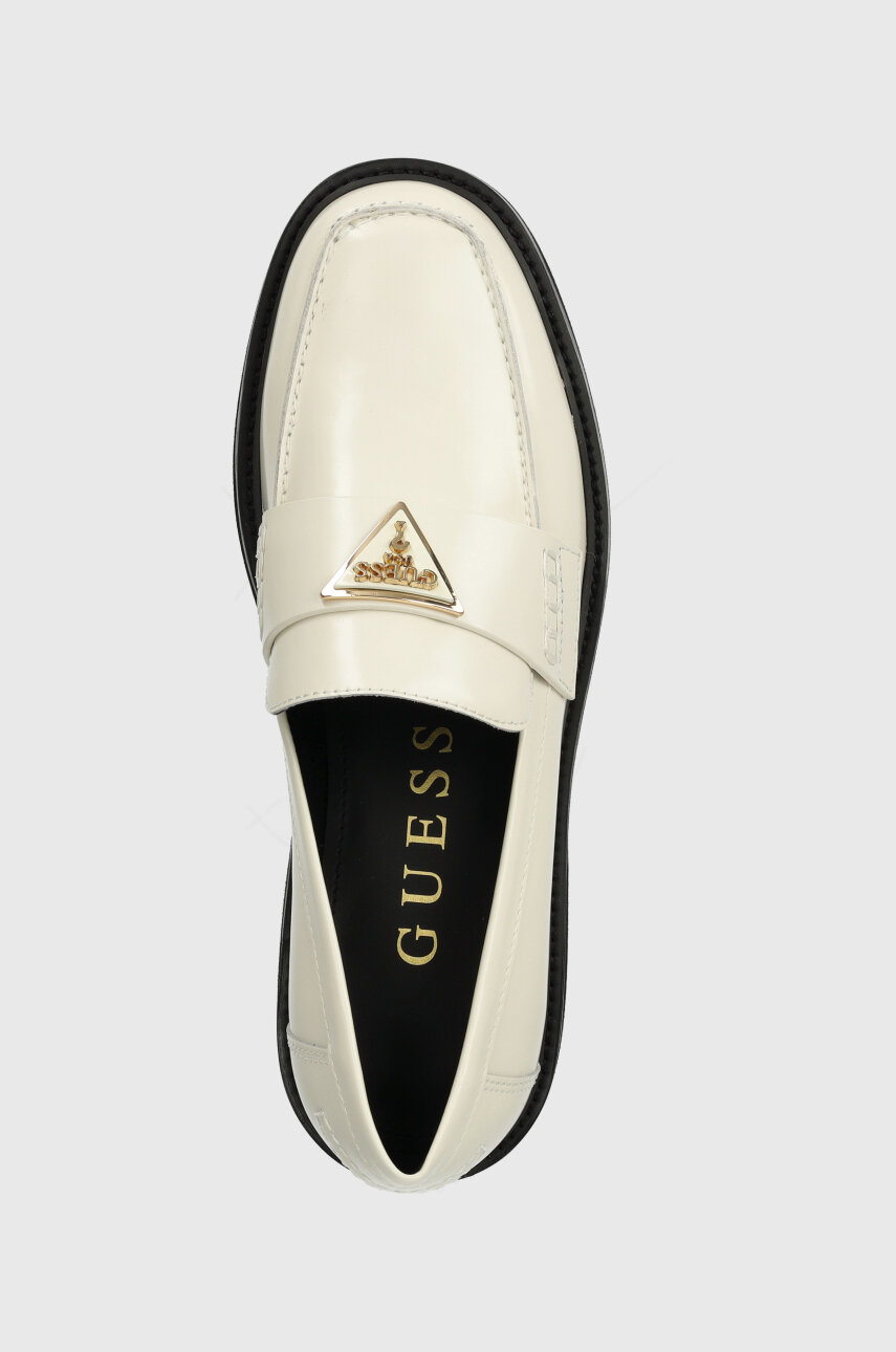 Guess mokasyny skórzane SHATHA damskie kolor beżowy na płaskim obcasie ...