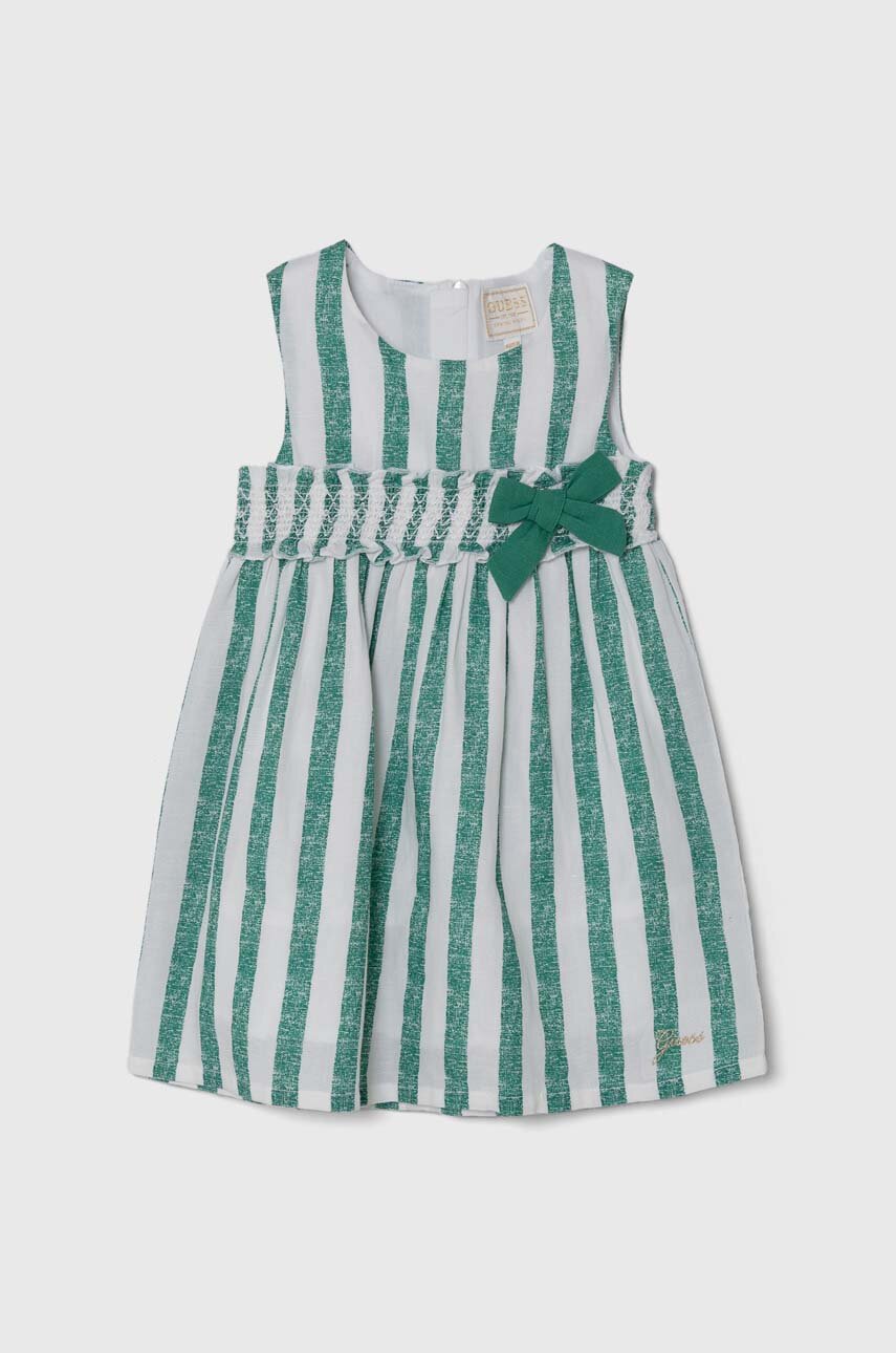 Ľanové šaty pre deti Guess zelená farba, mini, áčkový strih | ANSWEAR.sk