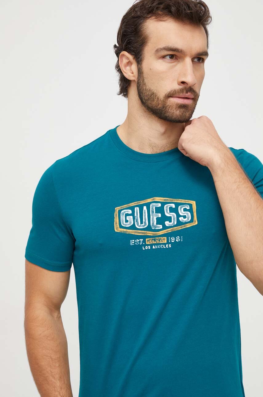 Guess t-shirt bawełniany męski kolor turkusowy z nadrukiem M4RI33 J1314 | Answear.com