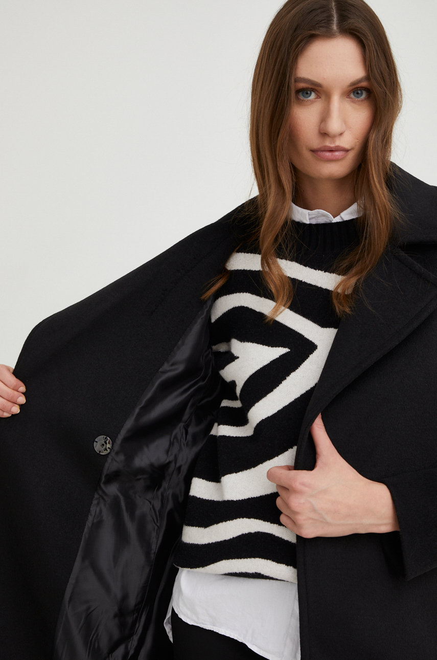 Answear Lab płaszcz wełniany, kolor czarny przejściowy dwurzędowy ...