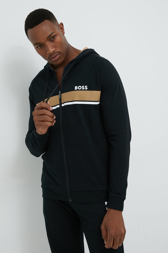 BOSS hanorac de bumbac barbati, culoarea negru, cu glugă, cu imprimeu | ANSWEAR.ro