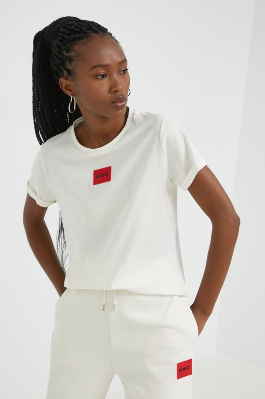 HUGO t-shirt bawełniany kolor beżowy 50456008 | Answear.com