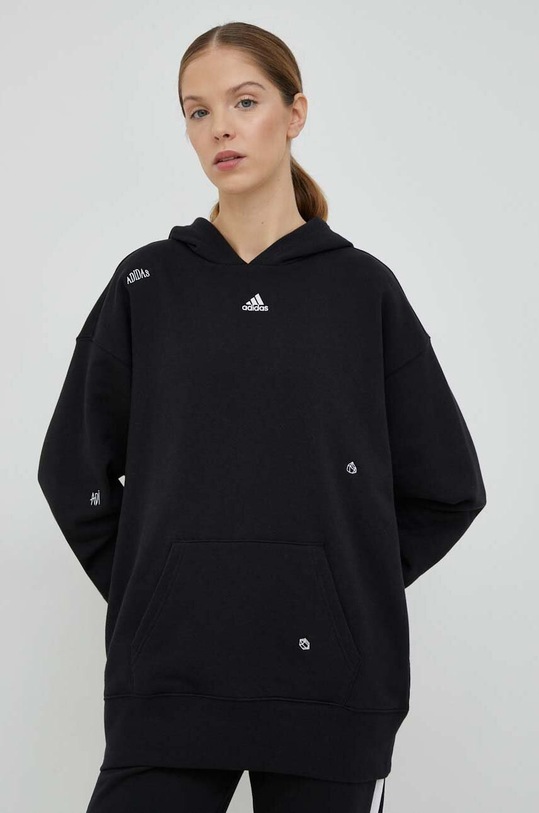 Βαμβακερή μπλούζα adidas γυναικεία, χρώμα: μαύρο, με κουκούλα | Answear.gr