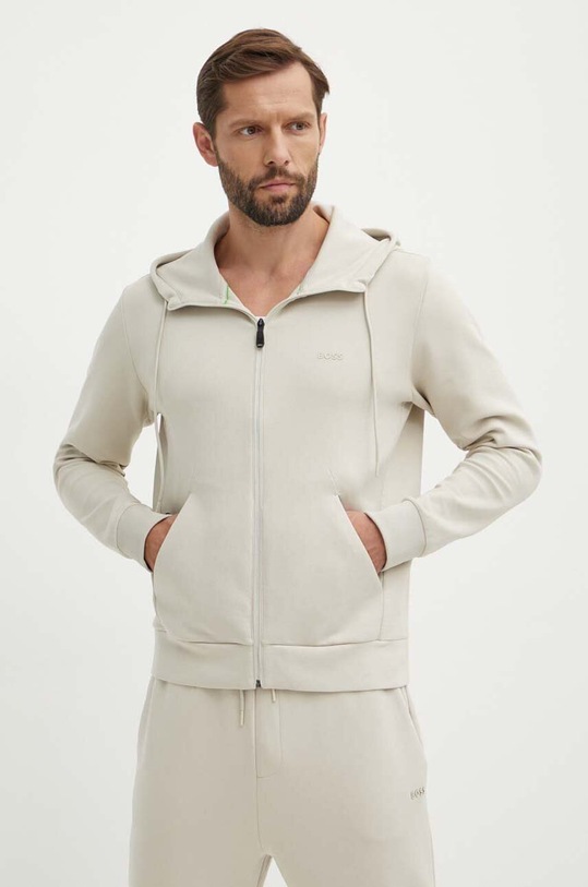 BOSS Green bluza męska kolor beżowy z kapturem gładka | Answear.com