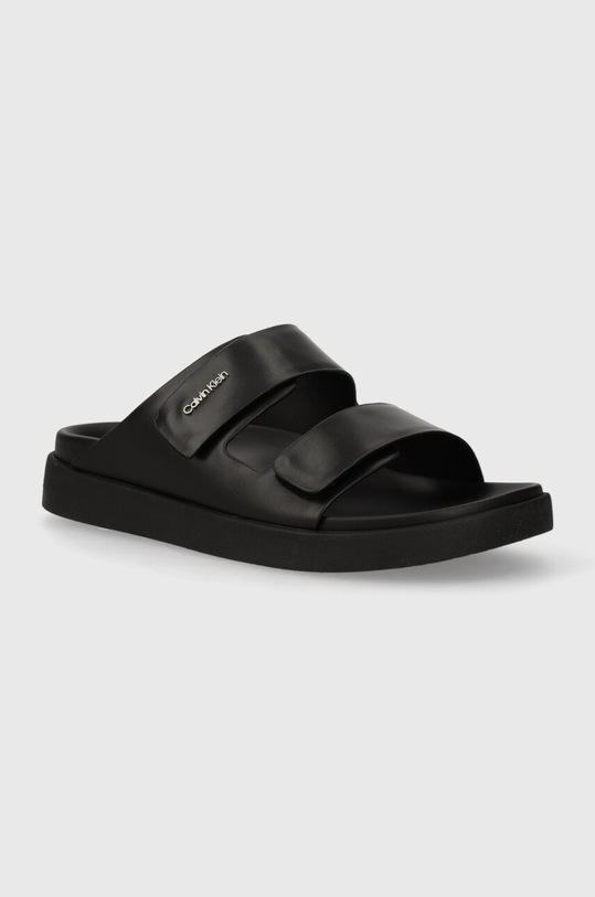 Calvin Klein klapki skórzane FLAT ADJ SLIDE CALVIN MTL LTH damskie ...